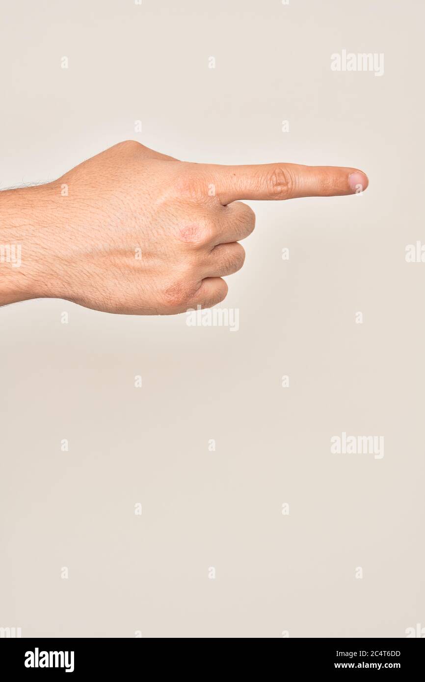 Hand of caucasian young man showing fingers over isolated white ...