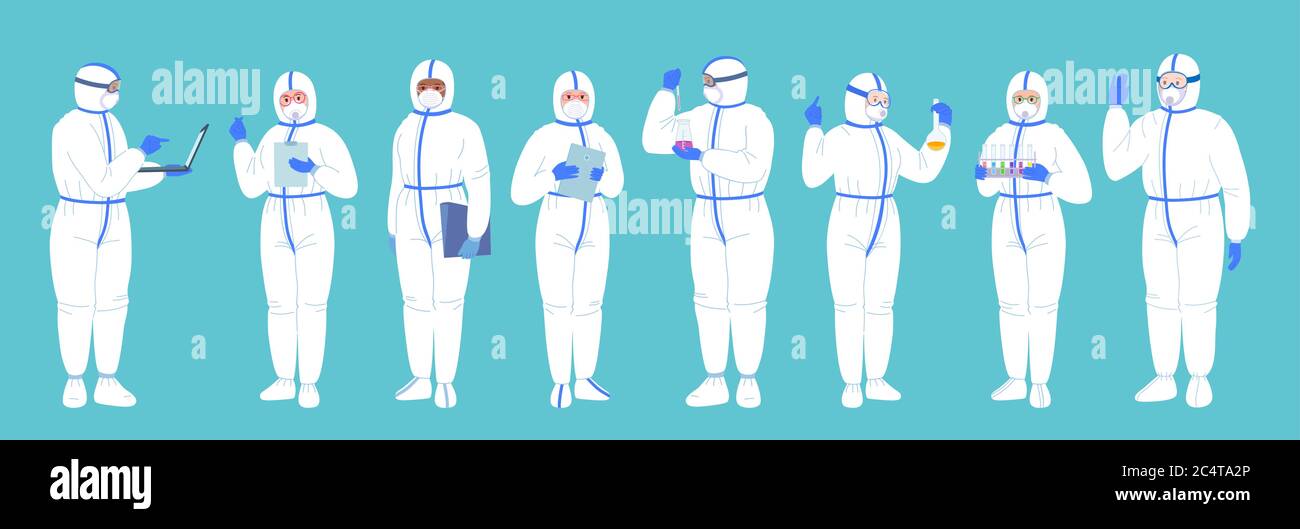 Scientist group in lab, protective suits, mask. Chemical laboratory ...