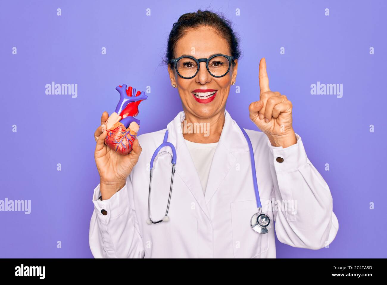 Middle age senior cardiologist doctor woman holding professional ...