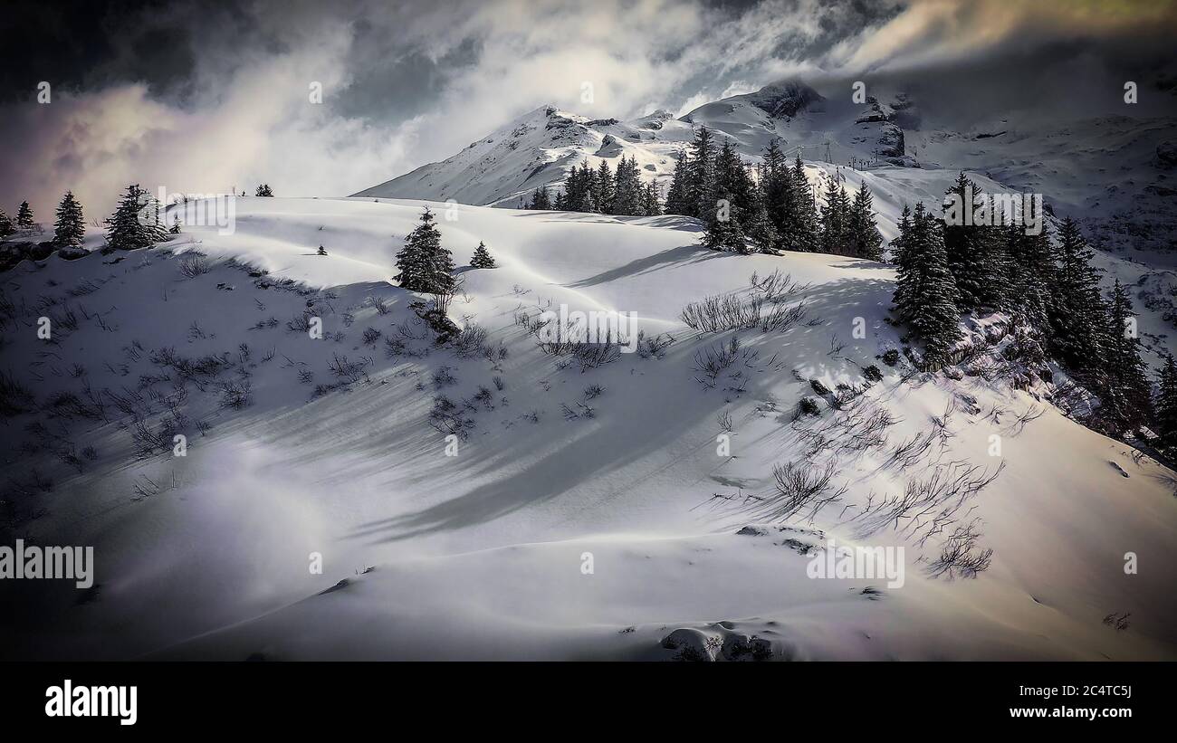 Snow covered mountains - a winter s day in the Alps - aerial vie Stock ...