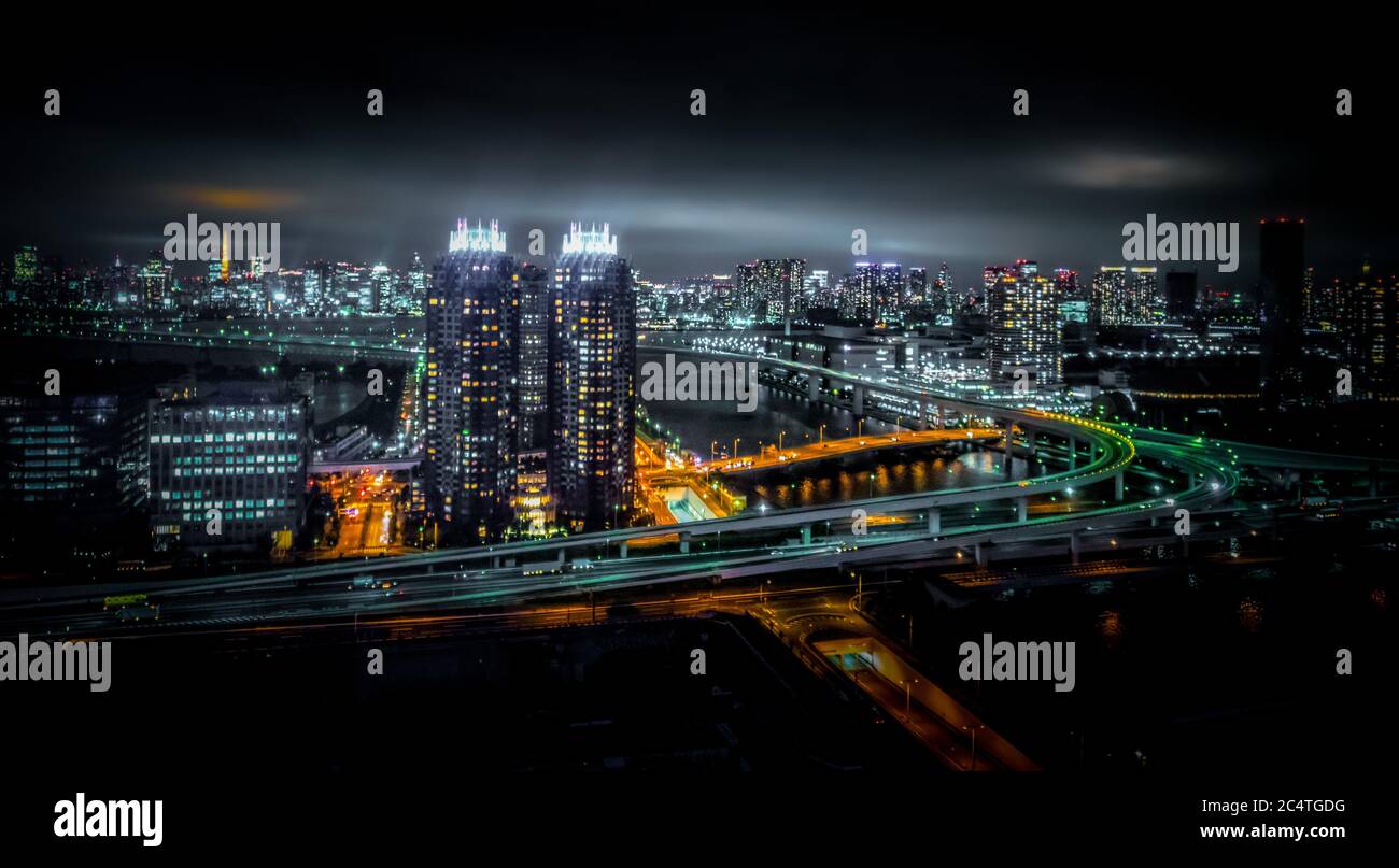 Aerial view over tokyo by night beautiful city lights hi-res stock ...