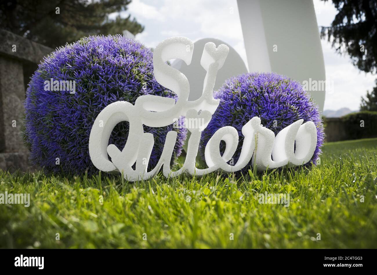 Closeup shot of a Spanish "Si Quiero" sign with a wedding agreement ...