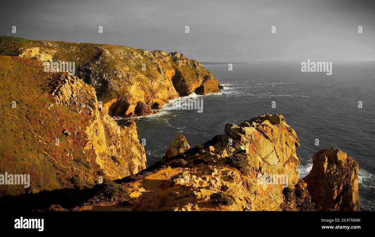 Cape Roca - the famous Cabo da Roca coast in Portugal at sunset Stock ...