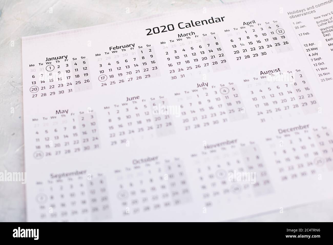 2020 yearly calendar hi-res stock photography and images - Alamy