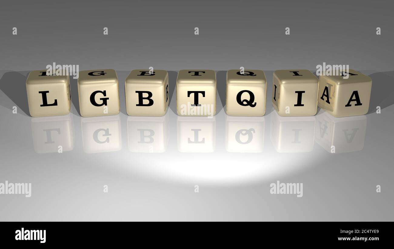 LGBTQIA arranged by golden cubic letters on a mirror floor, concept ...