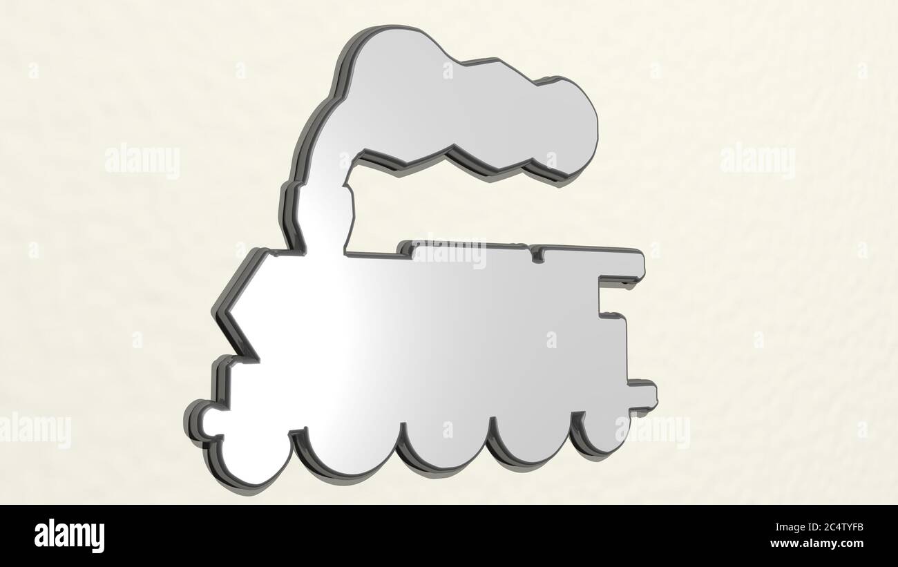 STEAM TRAIN made by 3D illustration of a shiny metallic sculpture on a ...