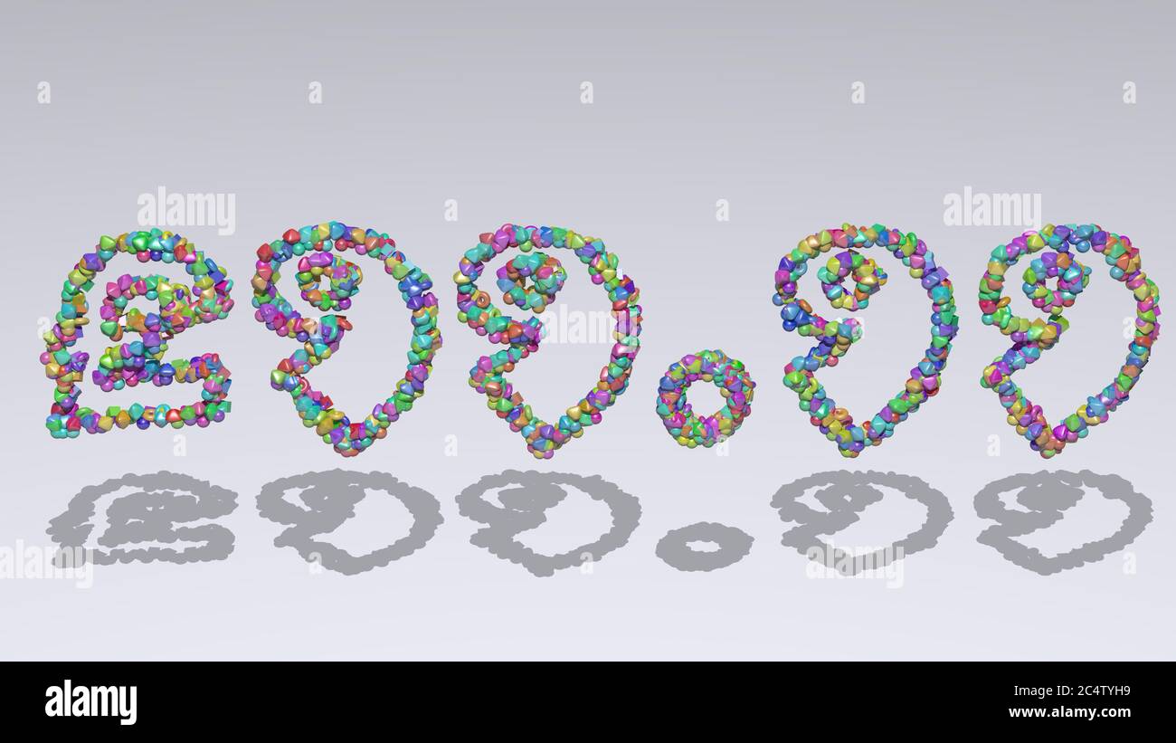 £99.99: 3D illustration of the text made of small objects over a white ...