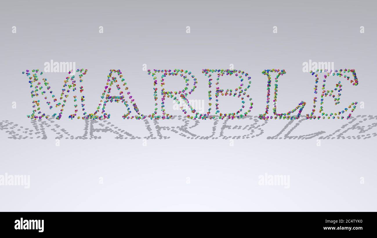 Colorful 3D writting of marble text with small objects over a white ...