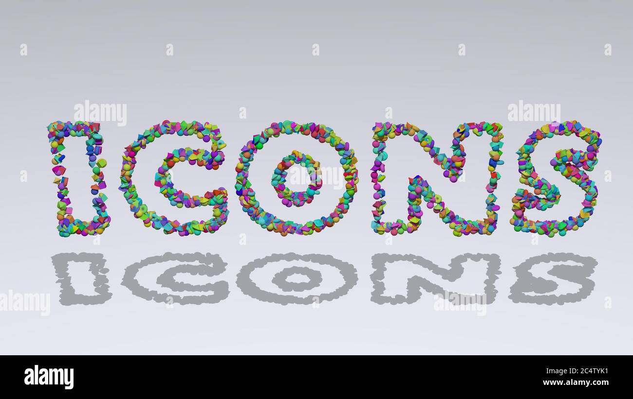 Colorful 3D writting of ICONS text with small objects over a white ...