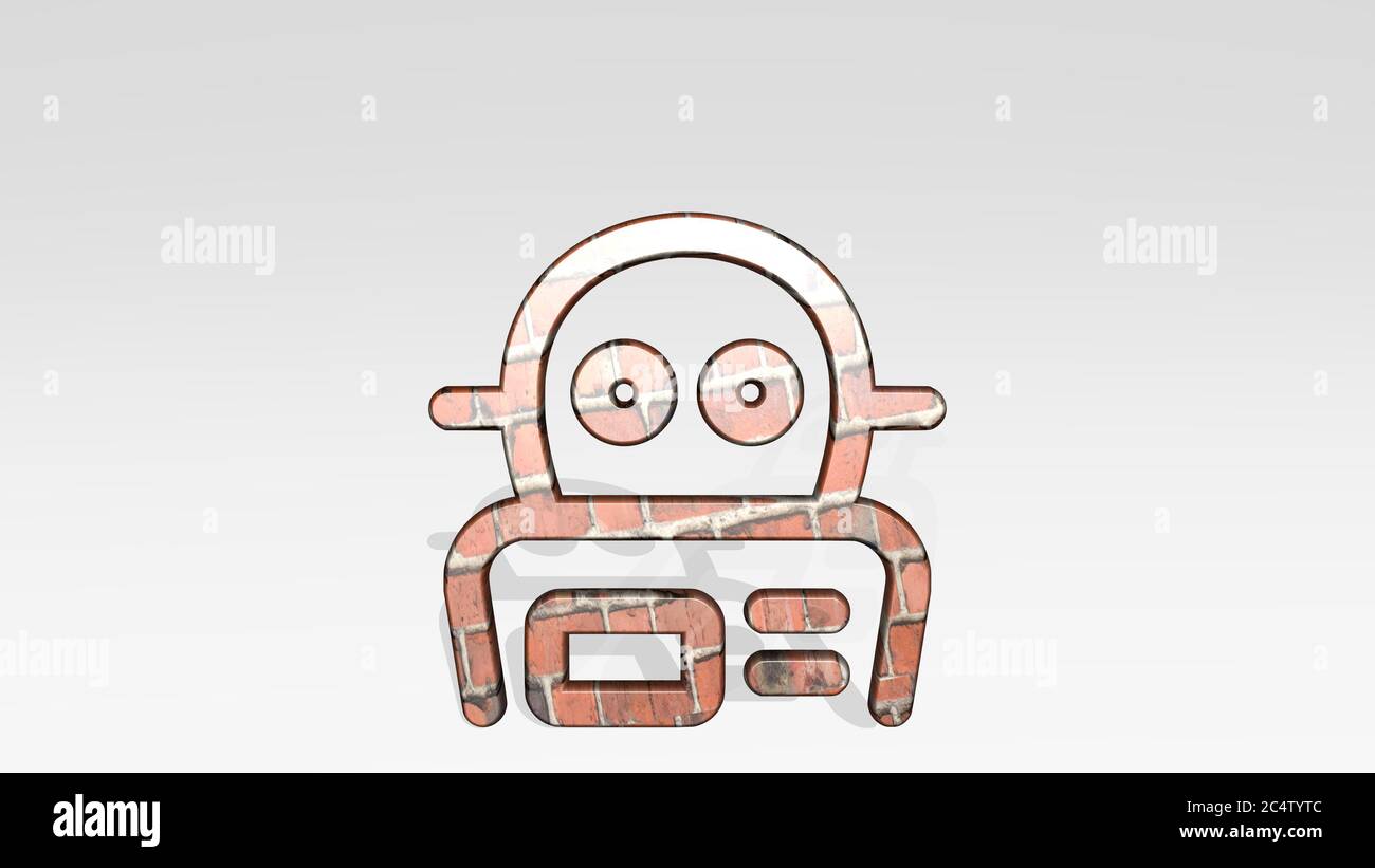robot head on the wall. 3D illustration of metallic sculpture over a ...