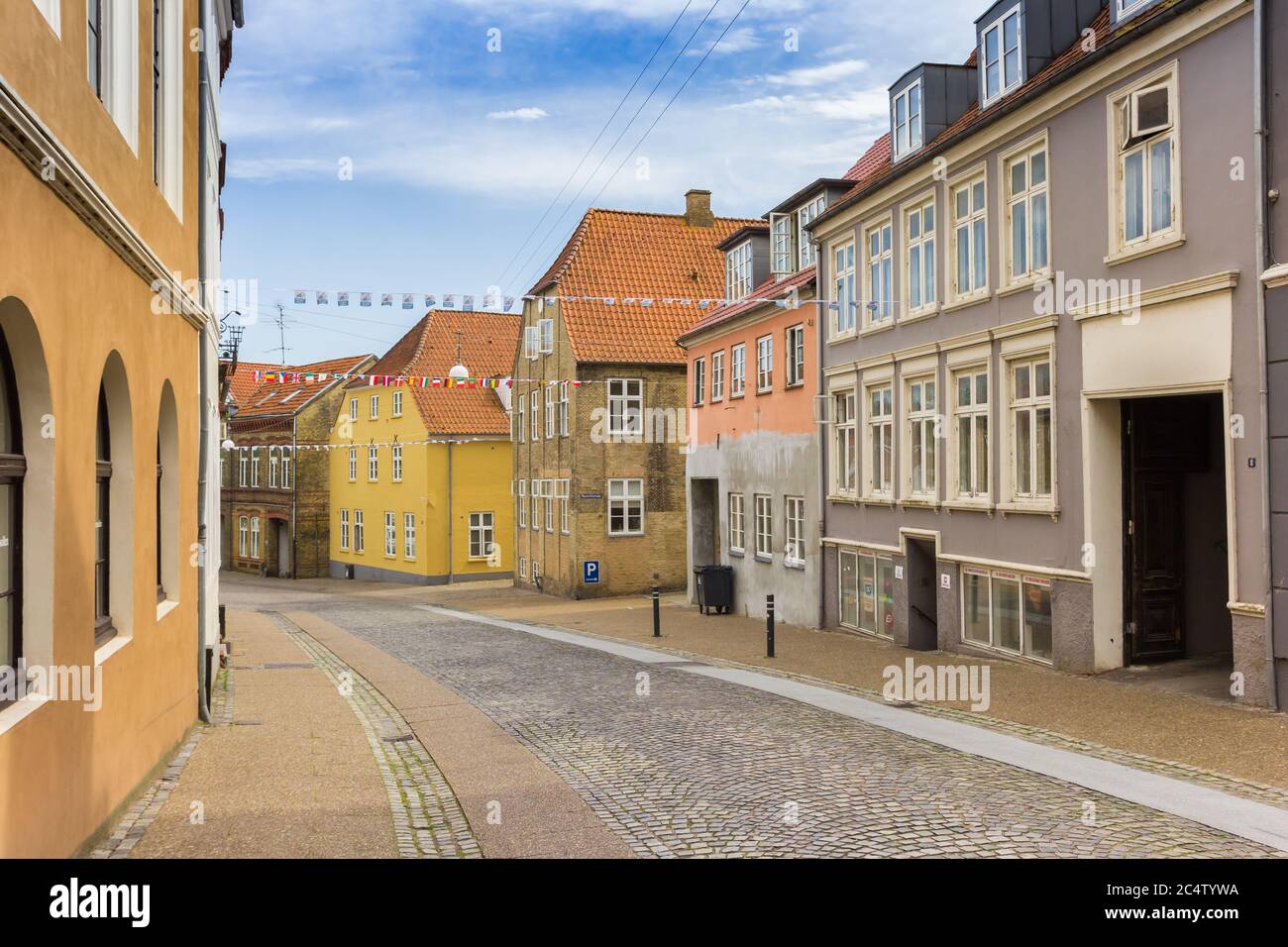 Empty cobblestoned street in the historic center of Haderslev, Denmark ...