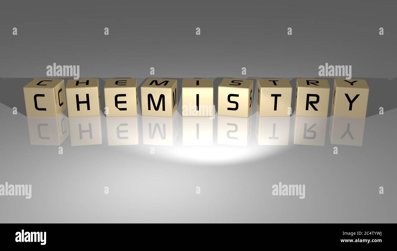CHEMISTRY arranged by golden cubic letters on a mirror floor, concept ...