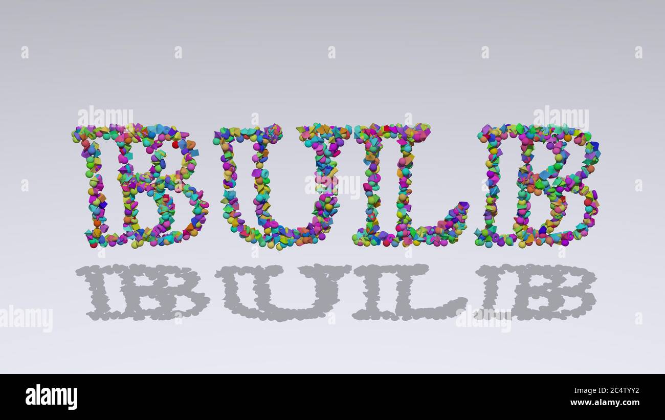BULB written in 3D illustration by colorful small objects casting ...