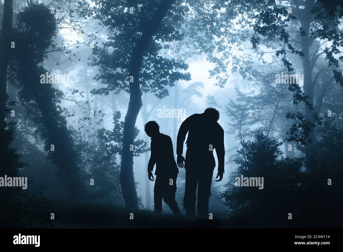 Two zombies in mysterious landscape of foggy forest. Halloween scene ...