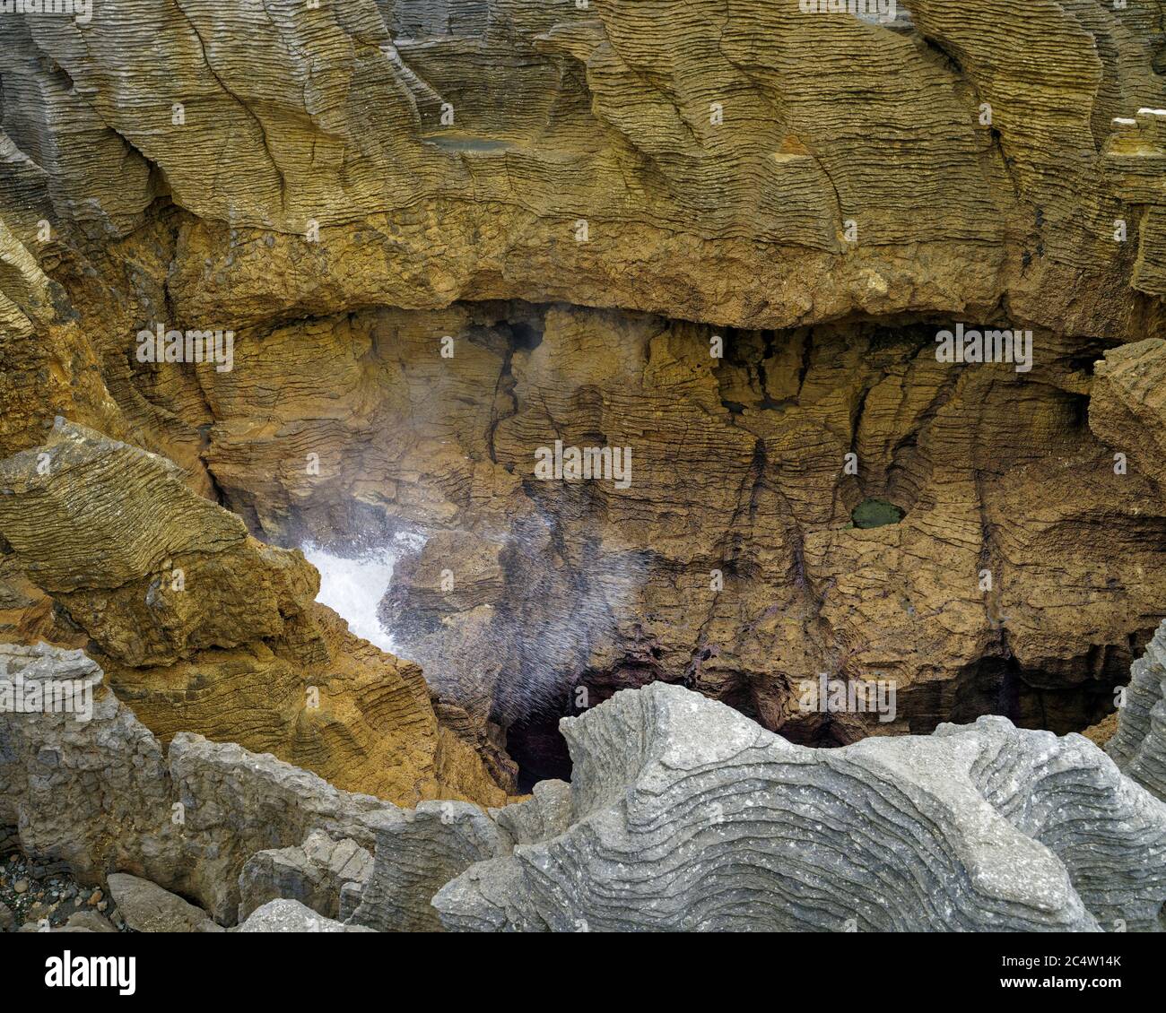 A blowhole at The Pancake Rocks at Dolomite Point, geological formation ...