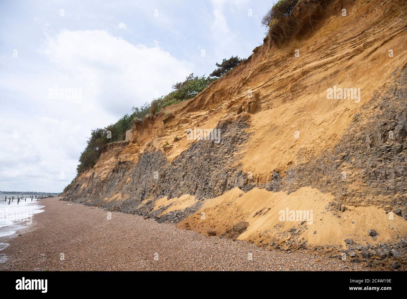 Coastal erosion soft crumbling cliffs on North Sea coast at Bawdsey ...