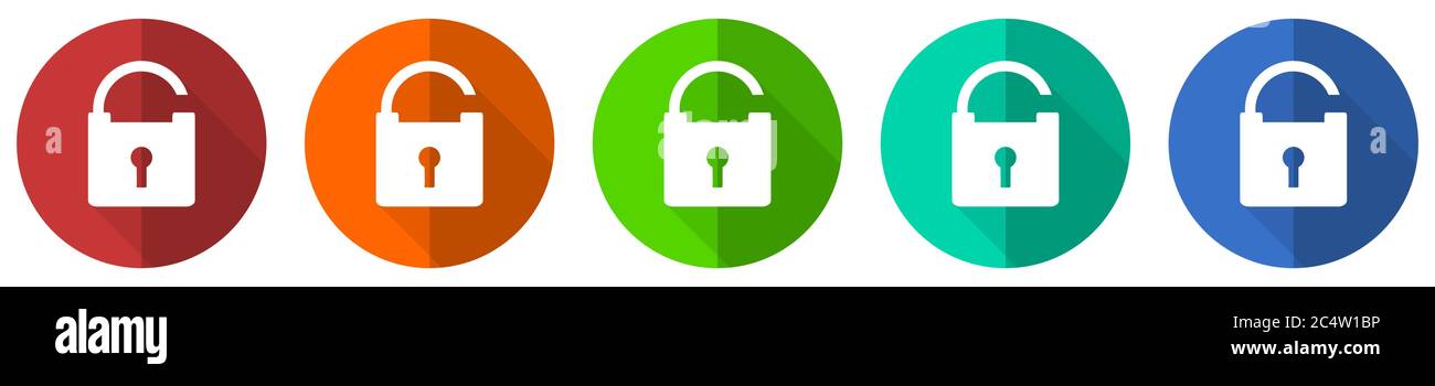 Padlock icon set, security, red, blue, green and orange flat design web ...