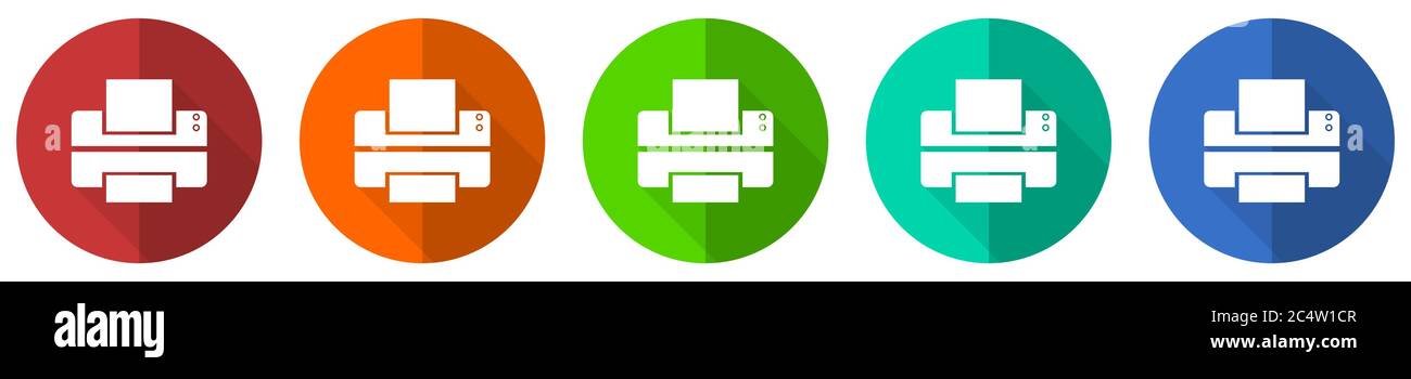 Printer icon set, print, red, blue, green and orange flat design web ...