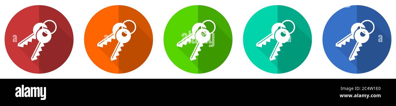 Keys icon set, red, blue, green and orange flat design web buttons ...