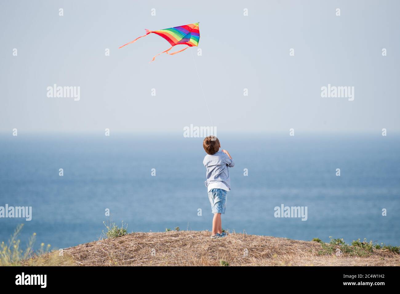one little kid with flying color kite in air above blue ocean and sky ...