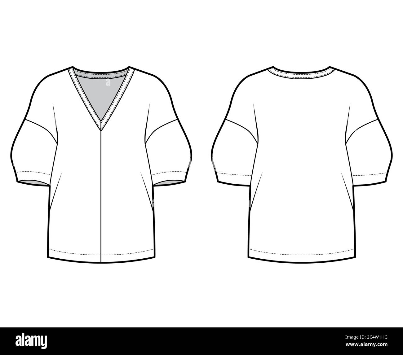 Blouse technical fashion illustration with deep V neck, dropped ...