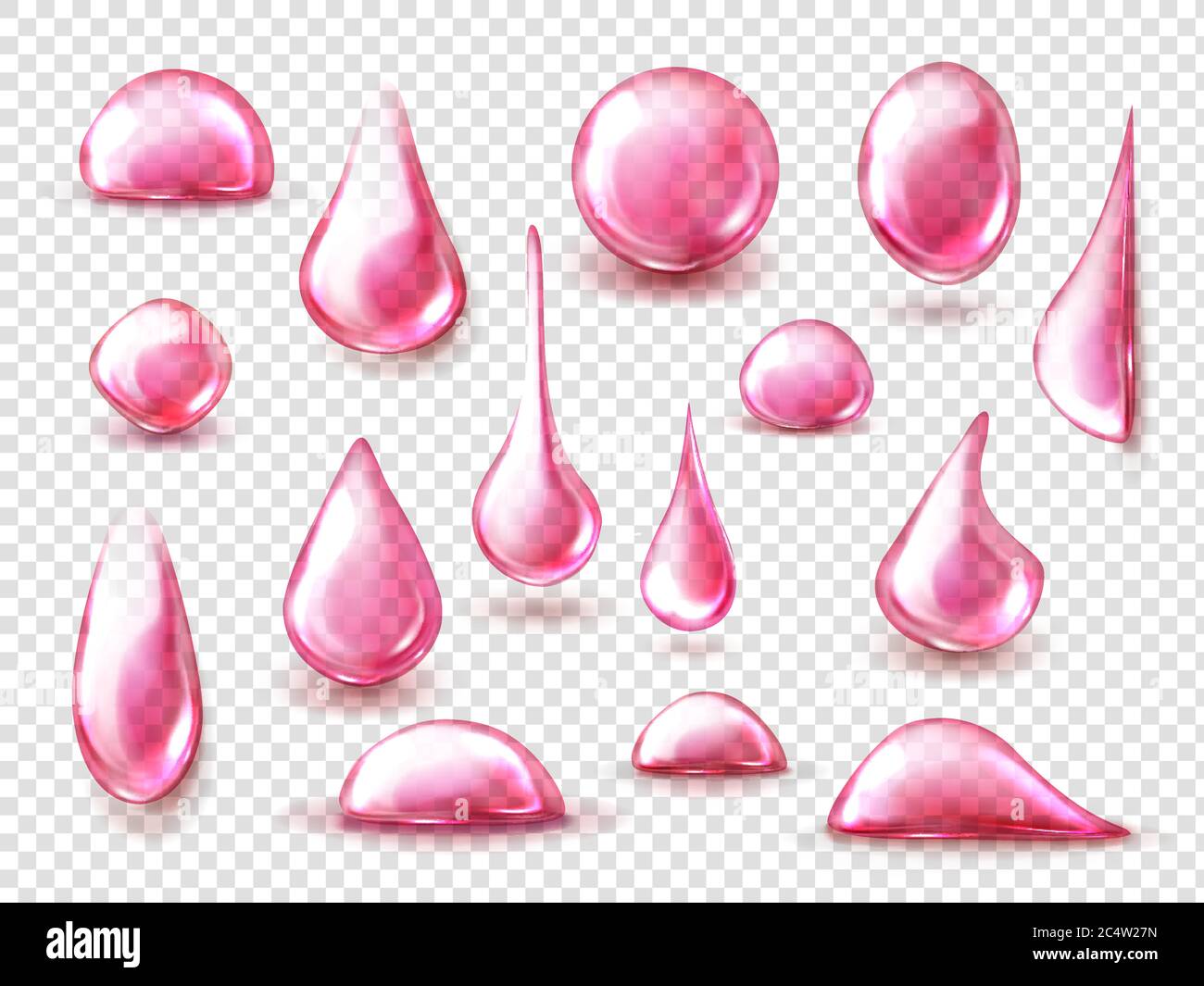 Pink drops of water, wine or juice isolated on transparent background ...
