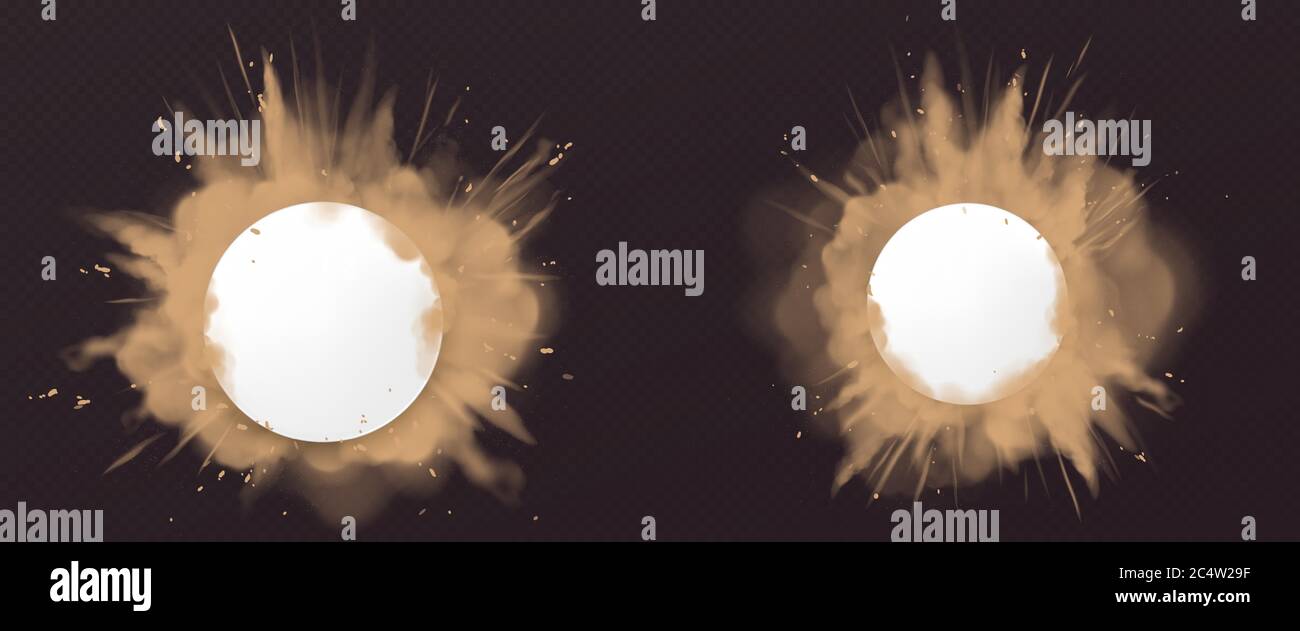 Dust explosion with white round banner. Splashes of brown powder ...