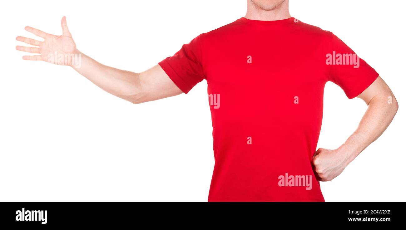 Man in red t-shirt stretched arm and fingers on the side isolated white ...