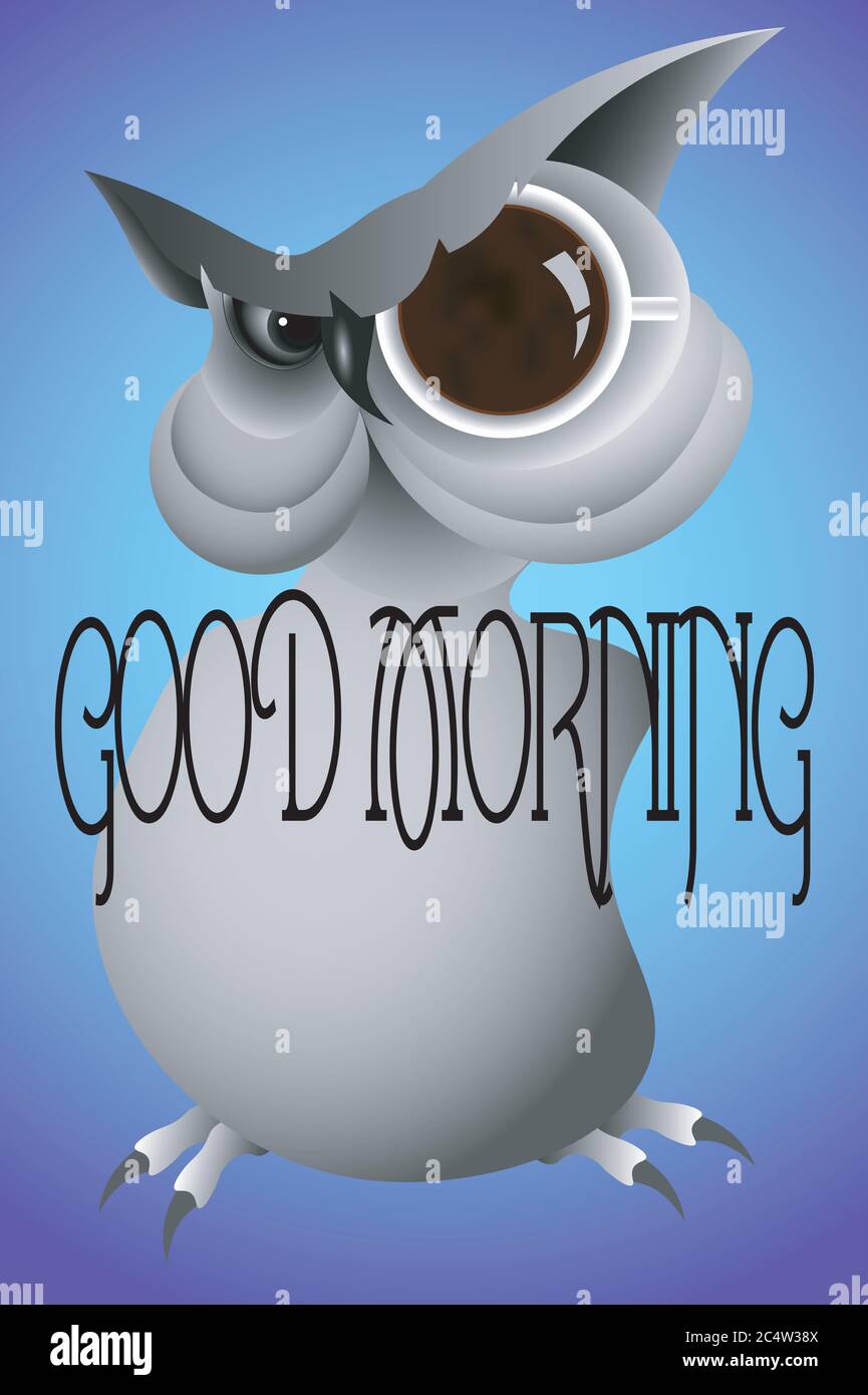 comic illustration of an owl with a cup of coffee and the inscription ...