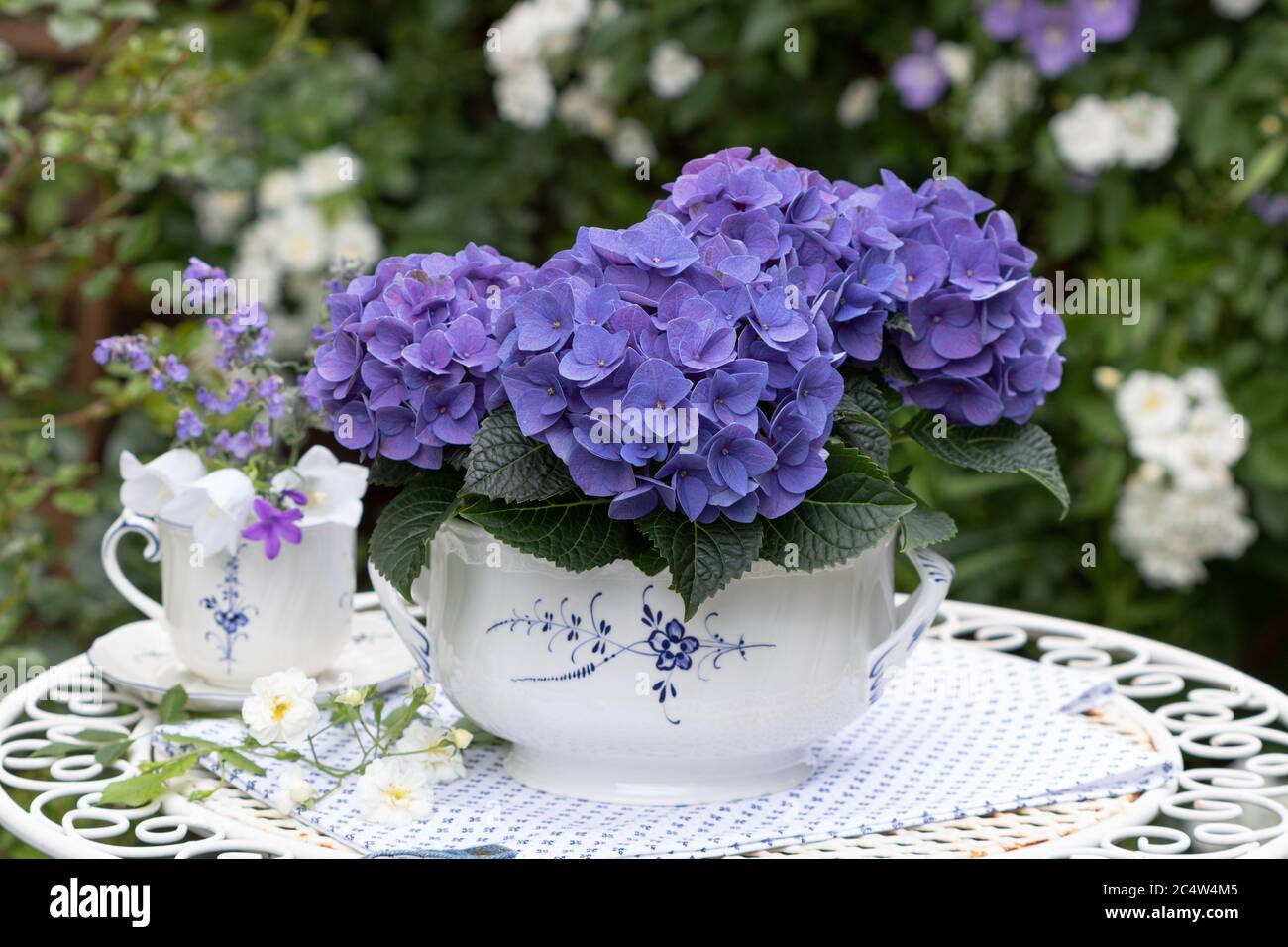 bouquet of blue hydrangea in soup tureen as decoration Stock Photo - Alamy