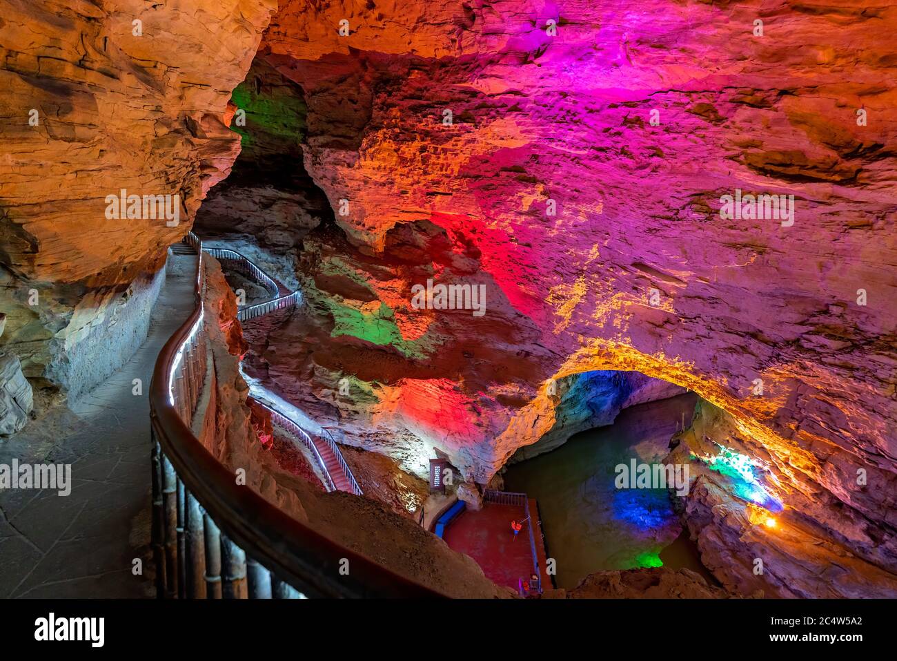 Illuminated stairs and walking trail path inside the stunning and ...