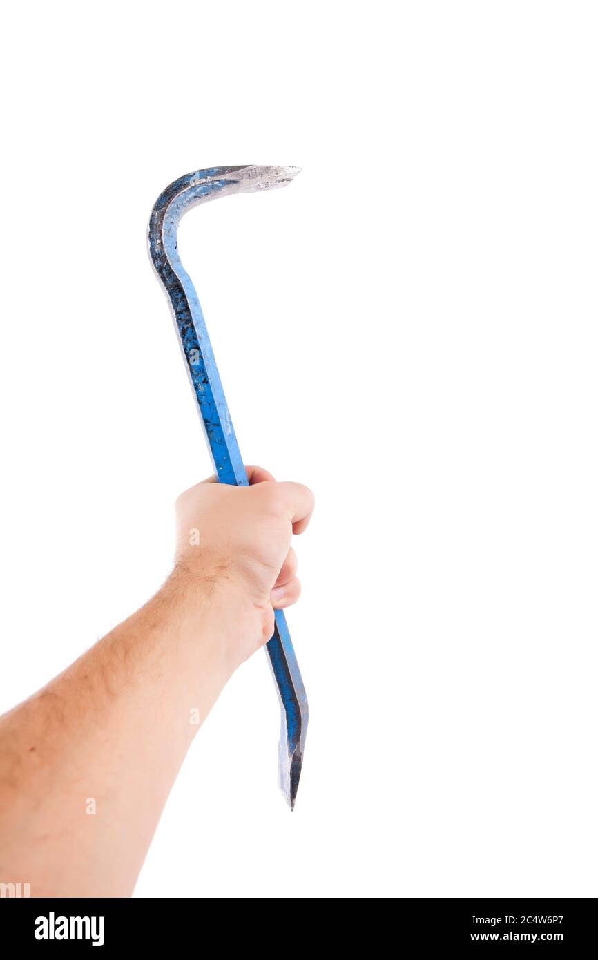 Vertical shot of a man's hand holding a blue rigged crowbar with a ...