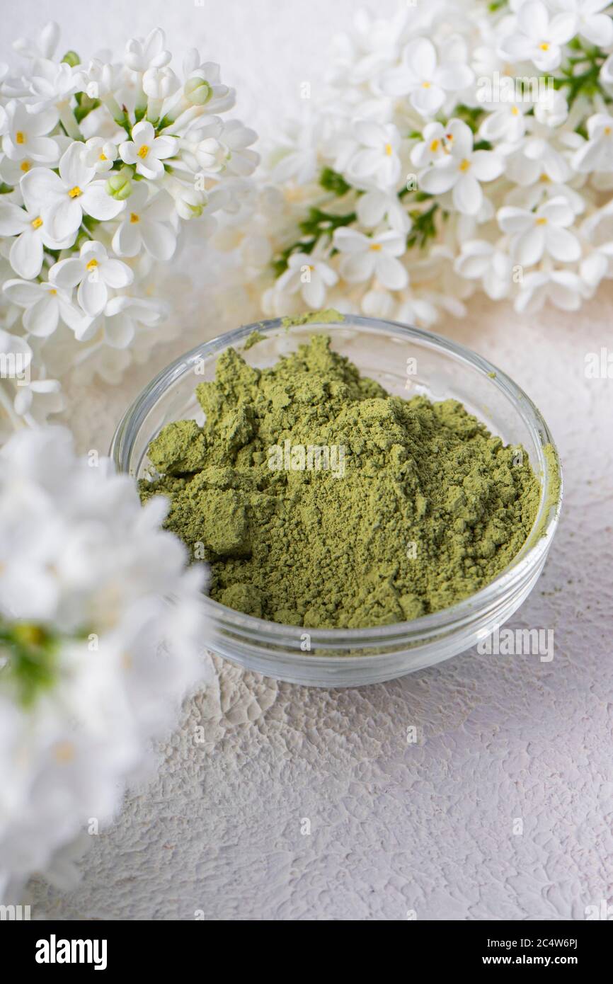 green powder of Chinese matcha tea on a white light background ...