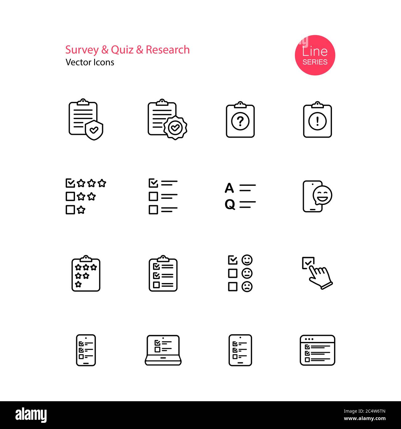 Survey quiz research line icon set. Checklist, quiz, emotional opinion ...