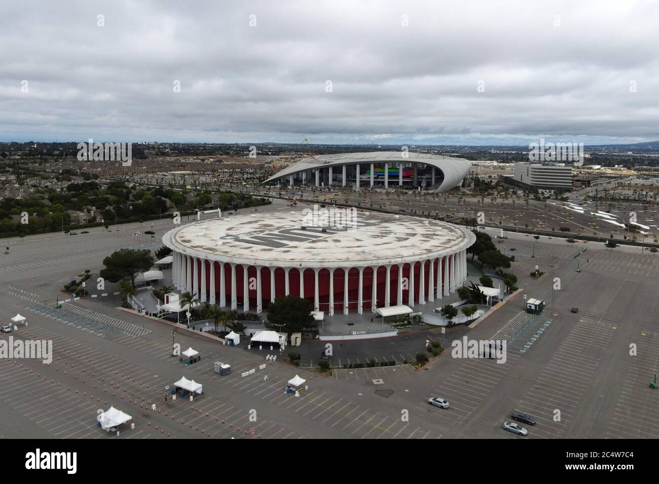 General overall view of the Forum (foreground) and SoFi Stadium, Sunday ...