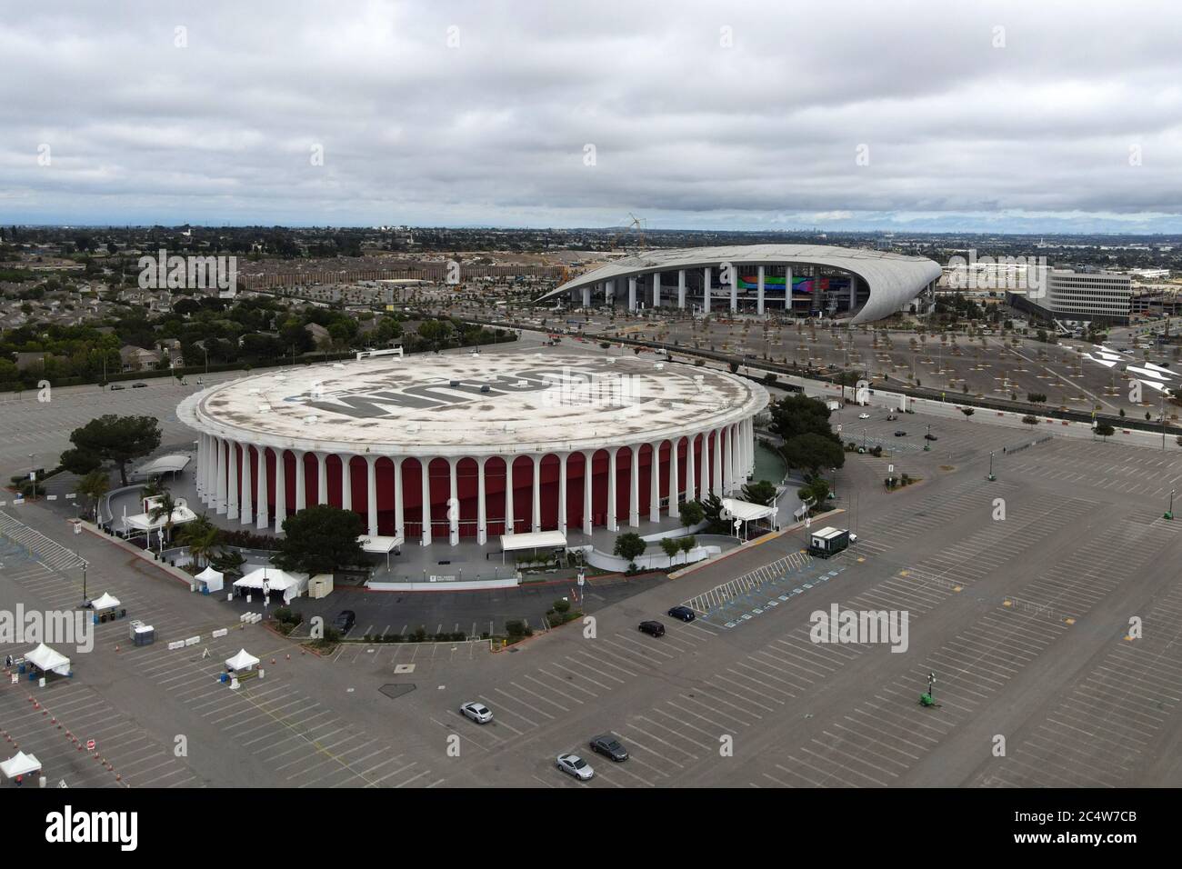 General overall view of the Forum (foreground) and SoFi Stadium, Sunday ...