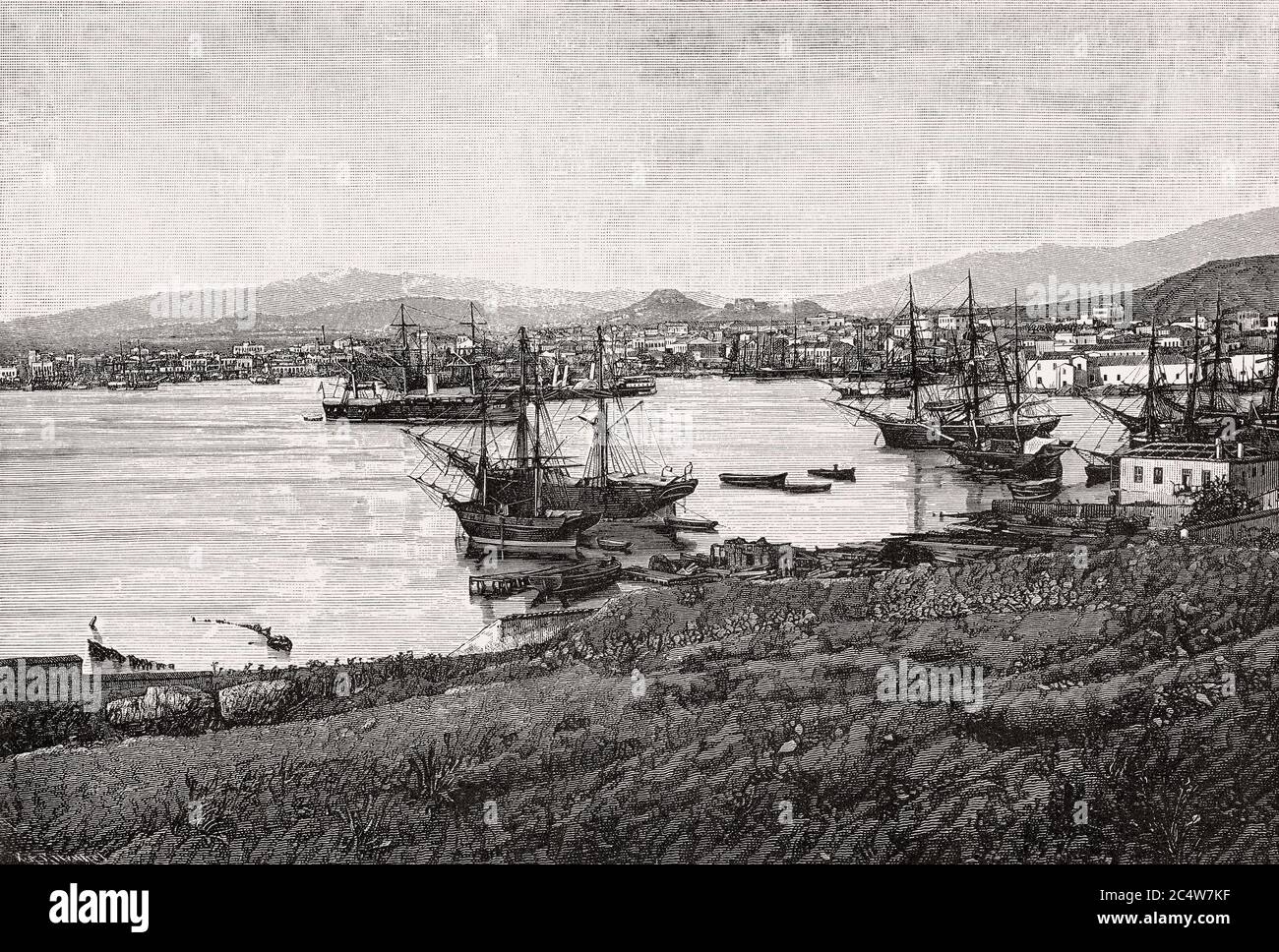 The port of Piraeus, a port city in the region of Attica, Greece, 19th ...