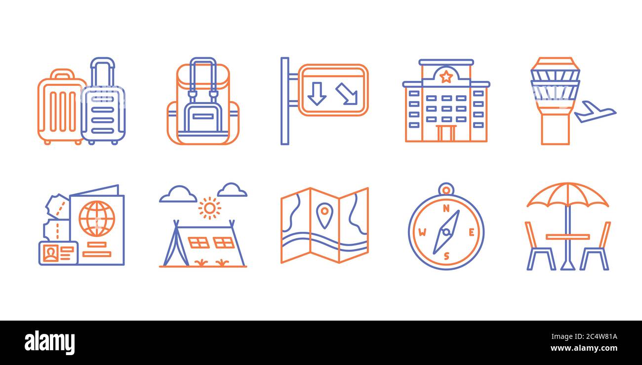 Travel icon set backpack traffic sign hotel airport flight passport ...