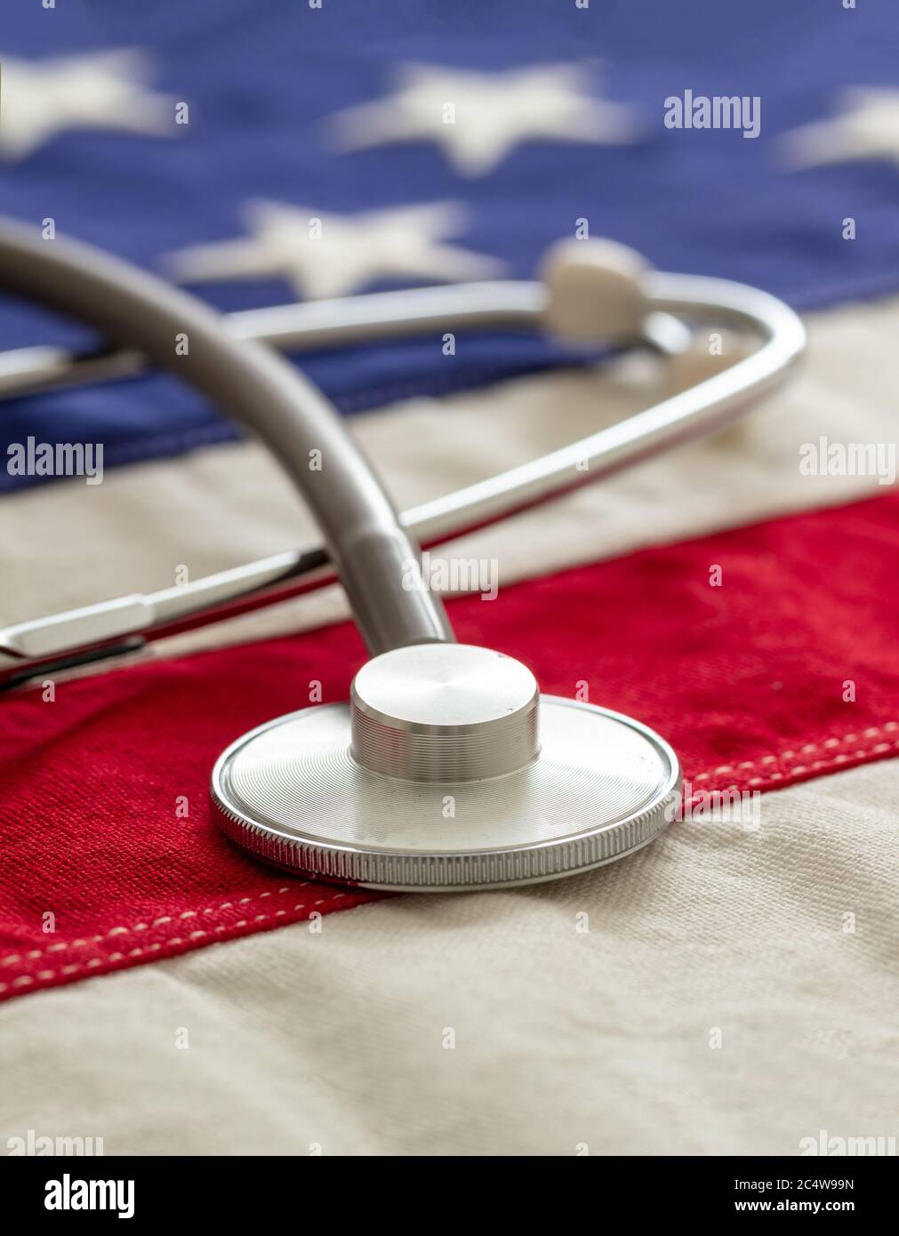 USA health care. Medical stethoscope on a US of America flag, closeup ...