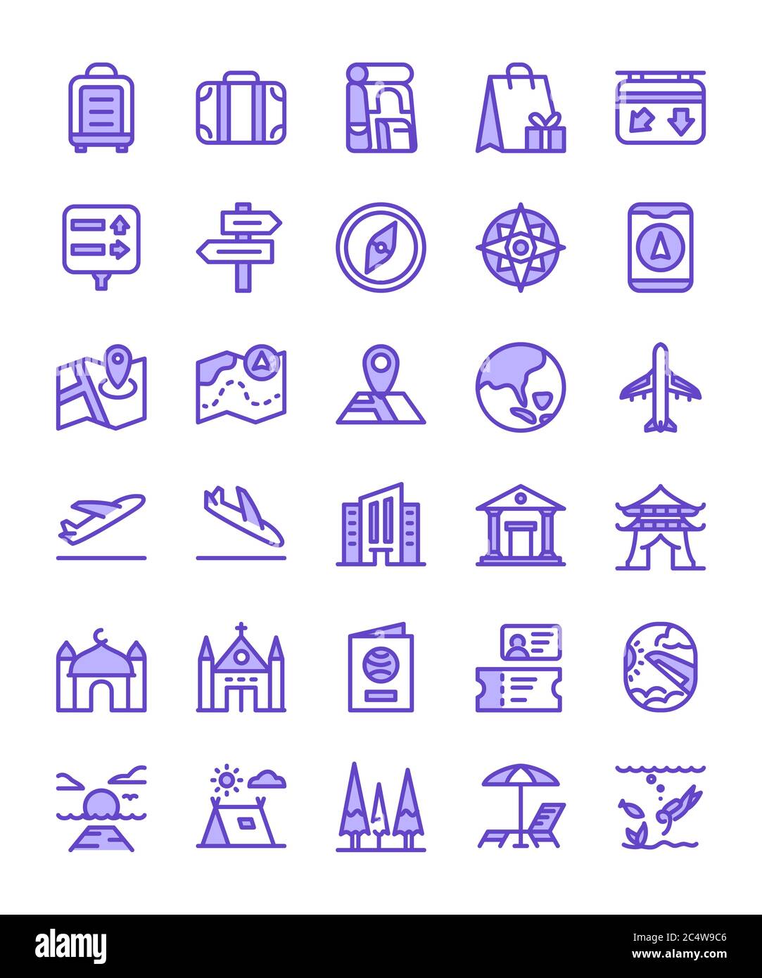 Travel icon set gift sunset temple mosque resort umbrella suitcase ...