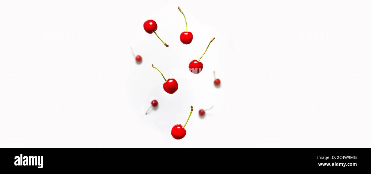 Ripe cherry berry levitating on white background. Cherry pattern. Berry ...