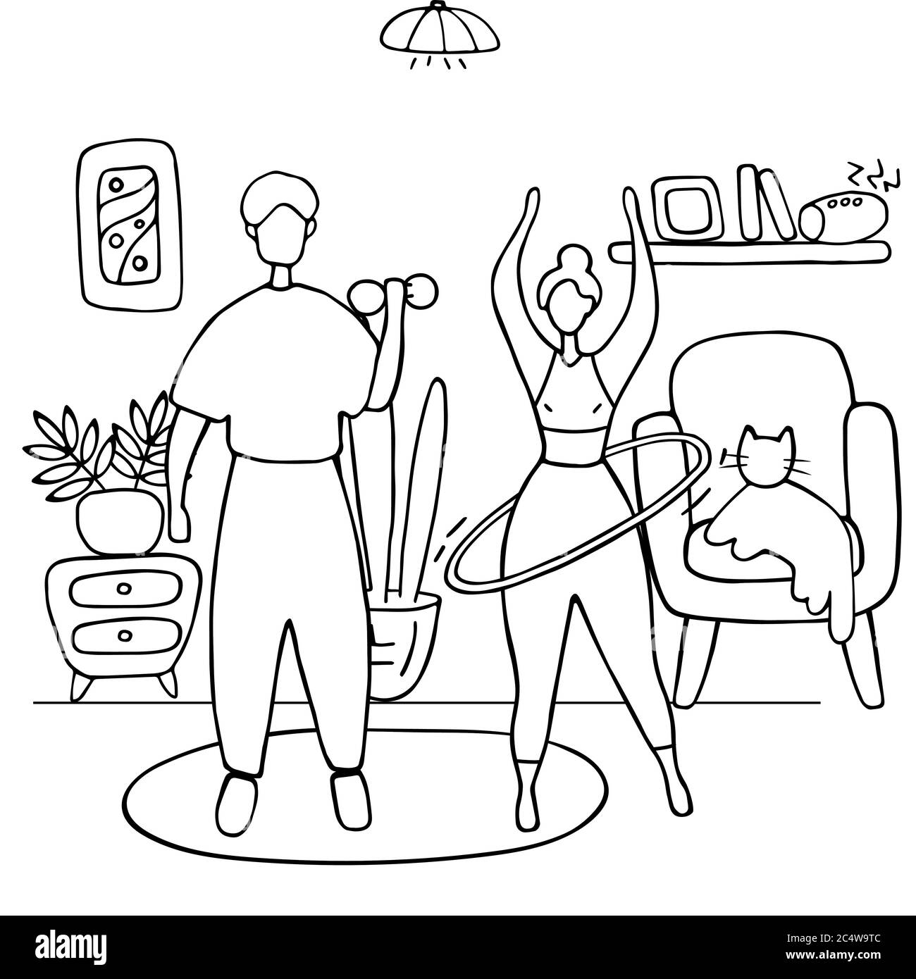 Happy family sport activity. Wife and husband doing morning exercising ...