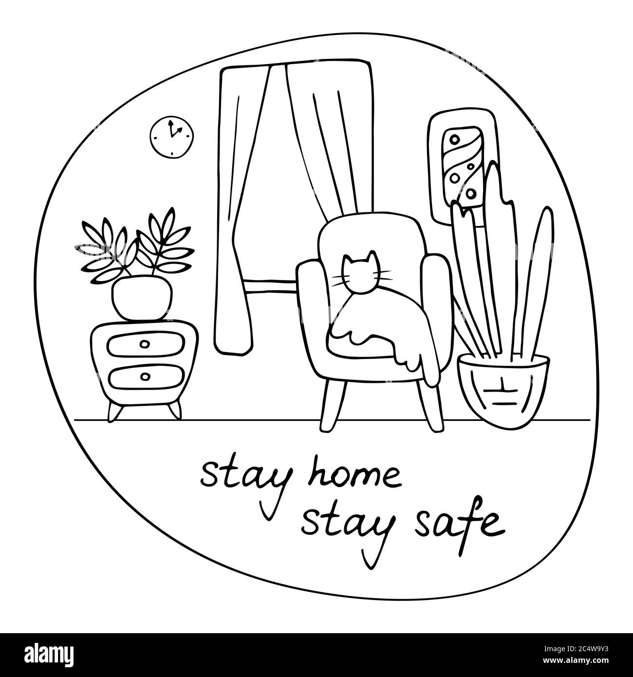 Stay home, stay safe. Quarantine concept. Hand drawn doodle graphic ...