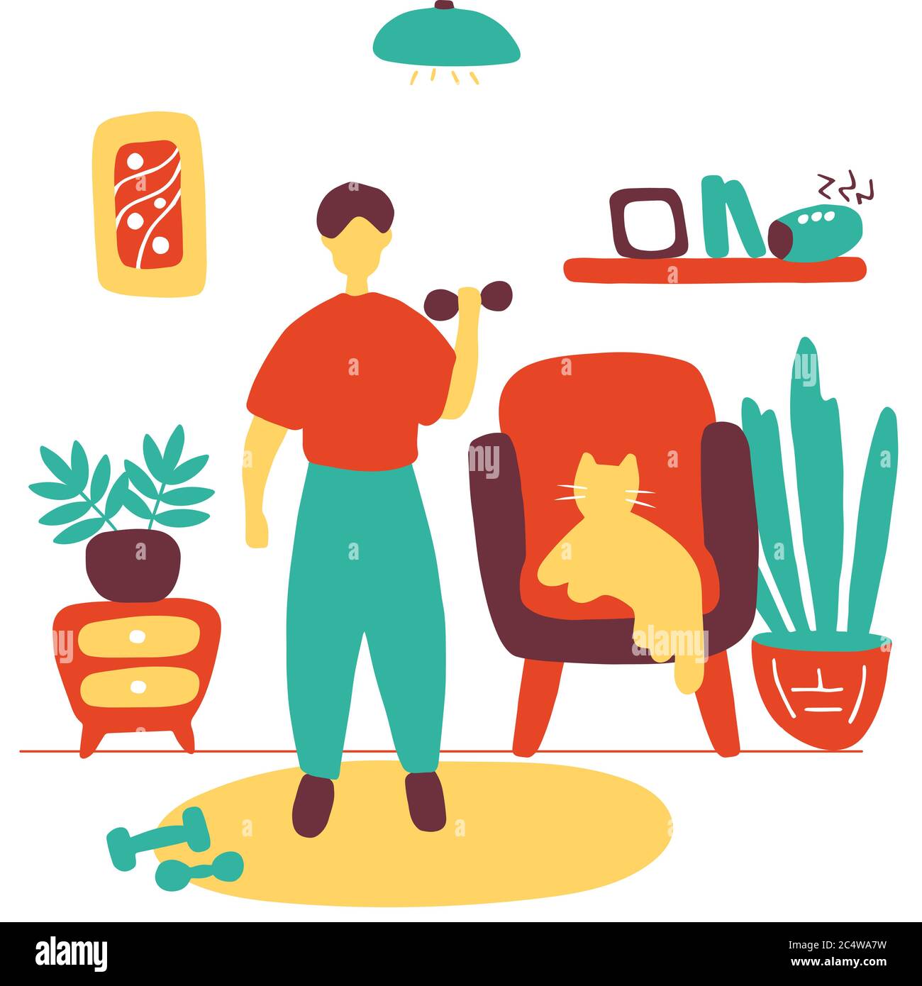 Man doing dumbbell exercises. Male character conducting healthy ...