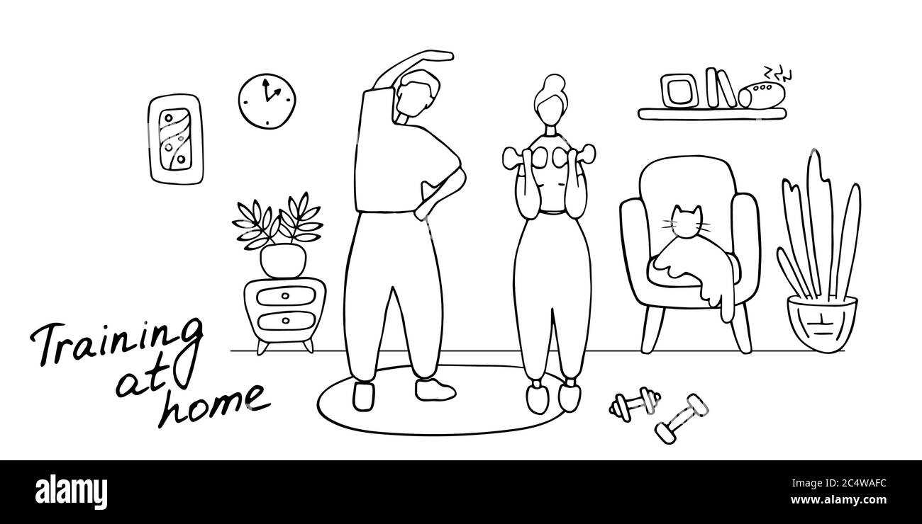 Happy family sport activity. Wife and husband doing morning exercising ...