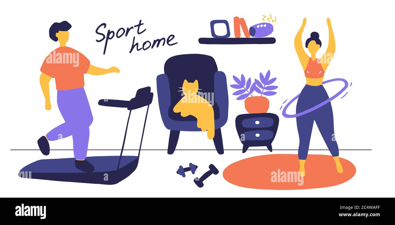 Sports at home. Happy family sporting events. A guy and a girl do a ...