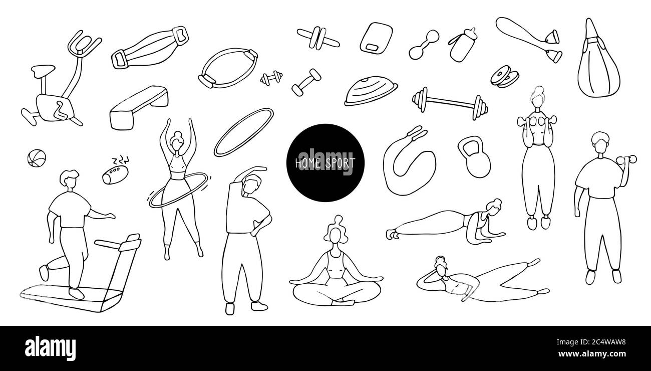 Big sport set. Icons of sports equipment and training people. Workout ...