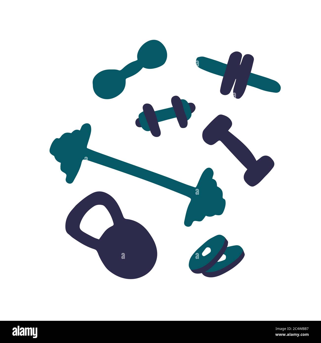 Set of gym equipment. Dumbbell line icon. Hand drawn flat vector ...