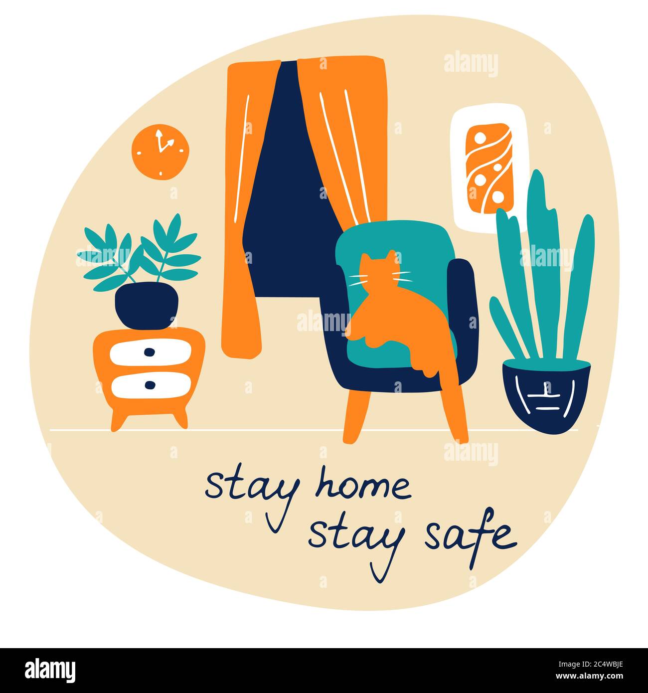 Stay home, stay safe. Quarantine concept. Hand drawn doodle graphic ...