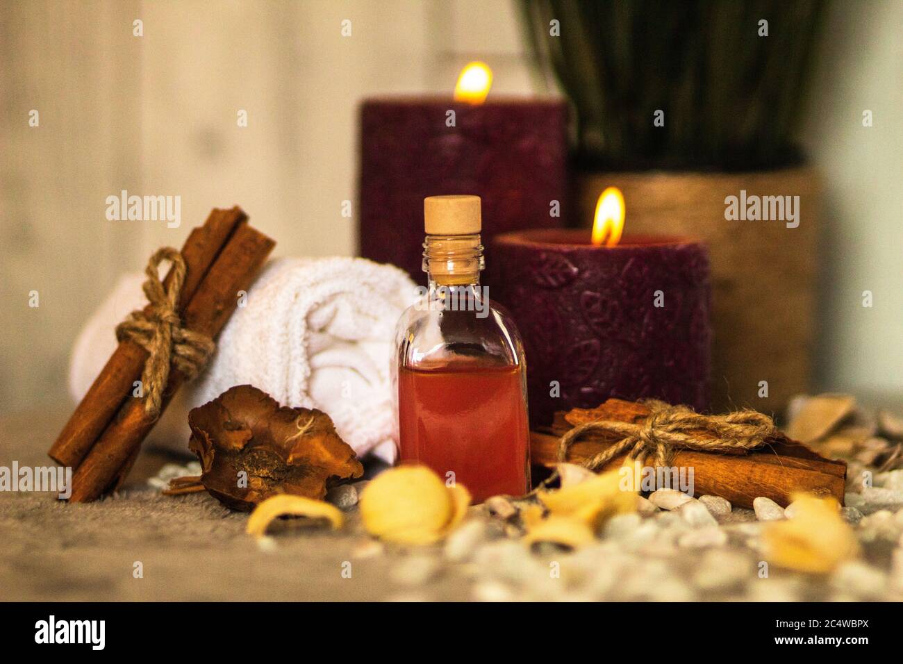 Spa essentials for aromatherapy including towel and natural oil Stock ...